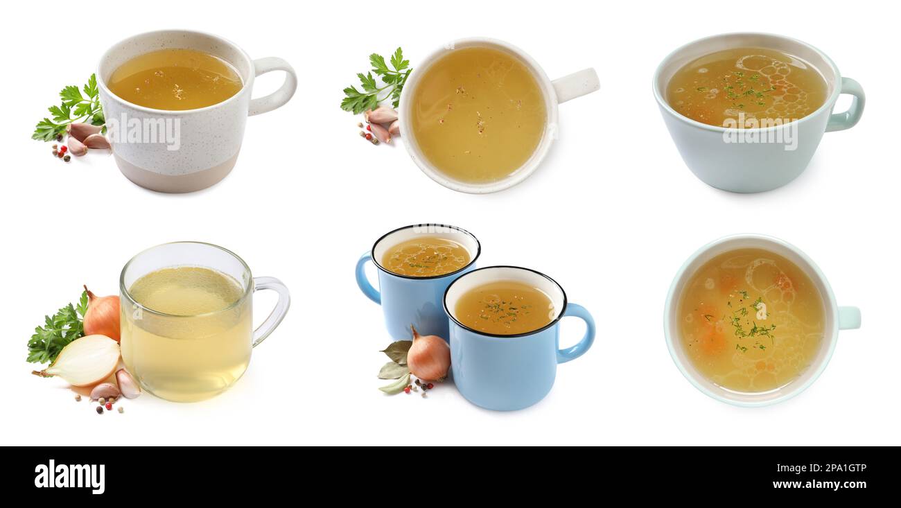 Set with hot delicious bouillon in cups on white background. Banner ...