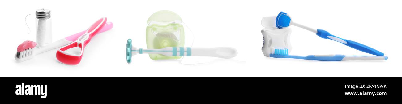 Set with different tongue scrapers, dental floss and toothbrushes on ...