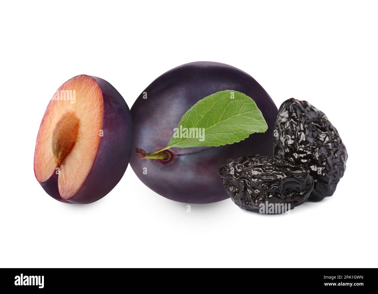 Delicious fresh ripe plums and sweet dried prunes on white background ...