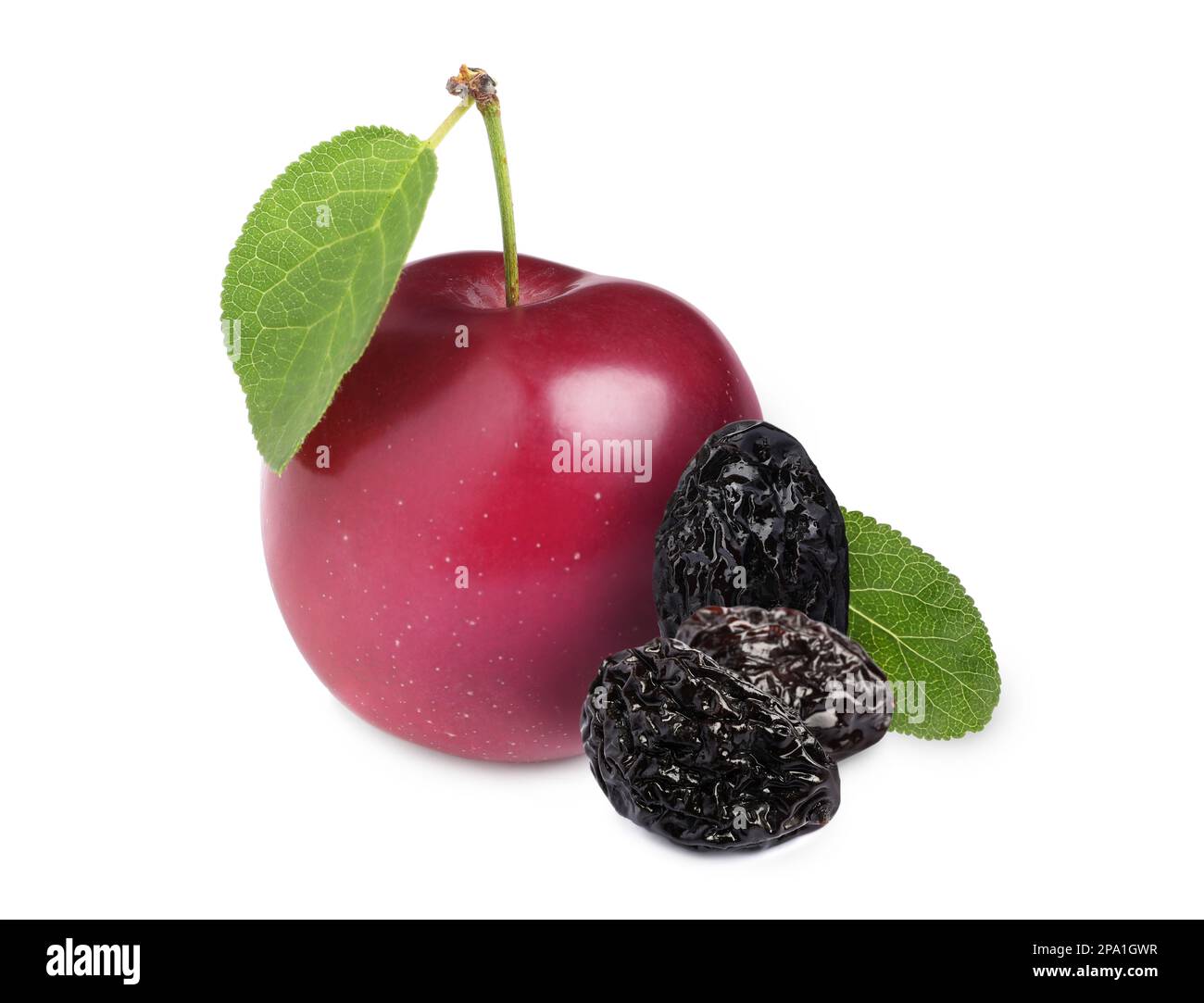 Delicious fresh ripe plum and sweet dried prunes on white background ...