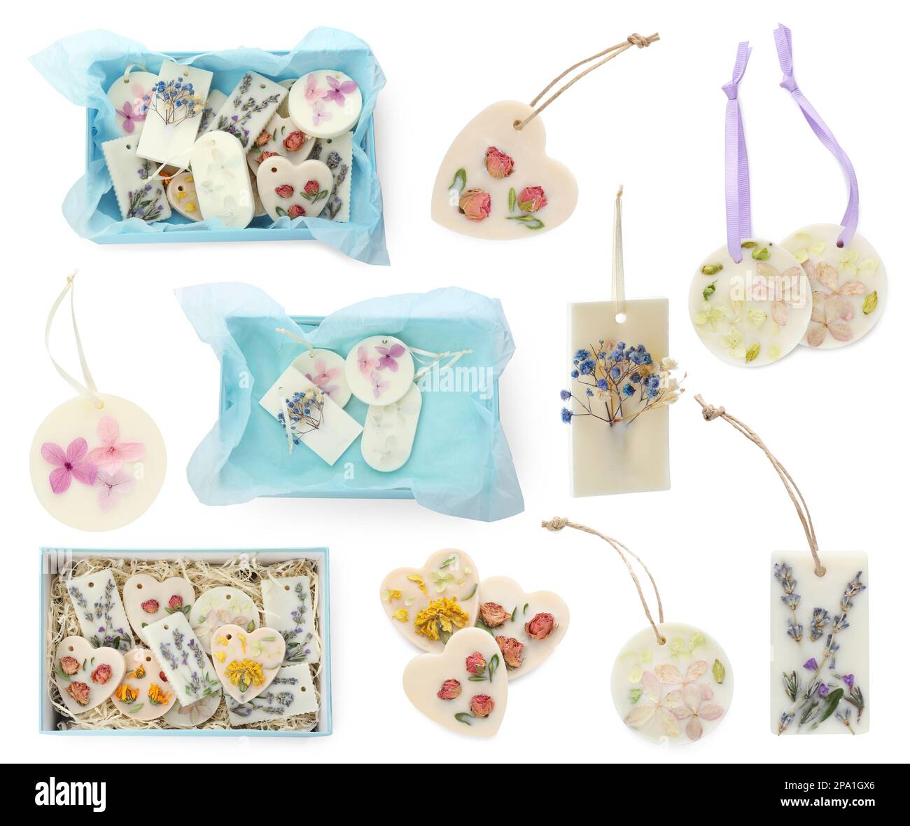 Beautiful scented sachets with dried flowers on white background, top ...