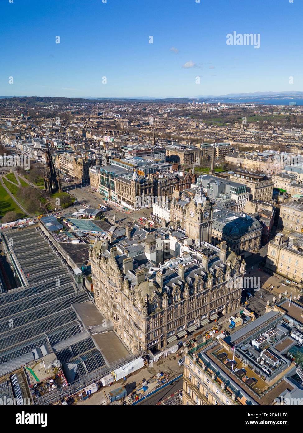 Aerial view of Edinburgh City Centre and Balmoral Hotel rom drone ...