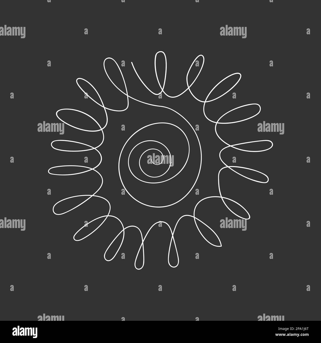 Continuous line drawing of abstract sun, Hand drawn white line on dark ...