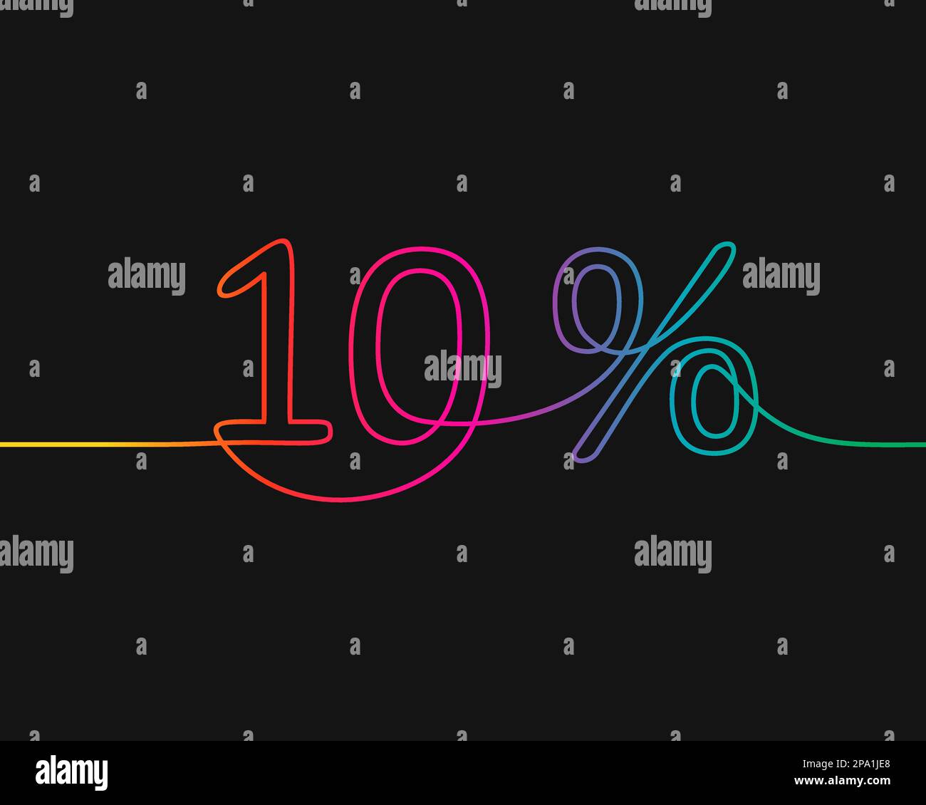 One line drawing of 10 percent discount, Rainbow colors on black ...