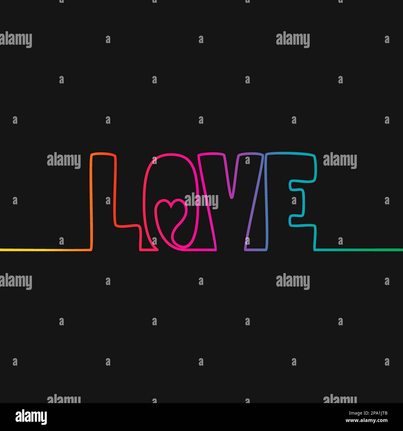 One line drawing of LOVE text with heart inside O letter, Rainbow ...