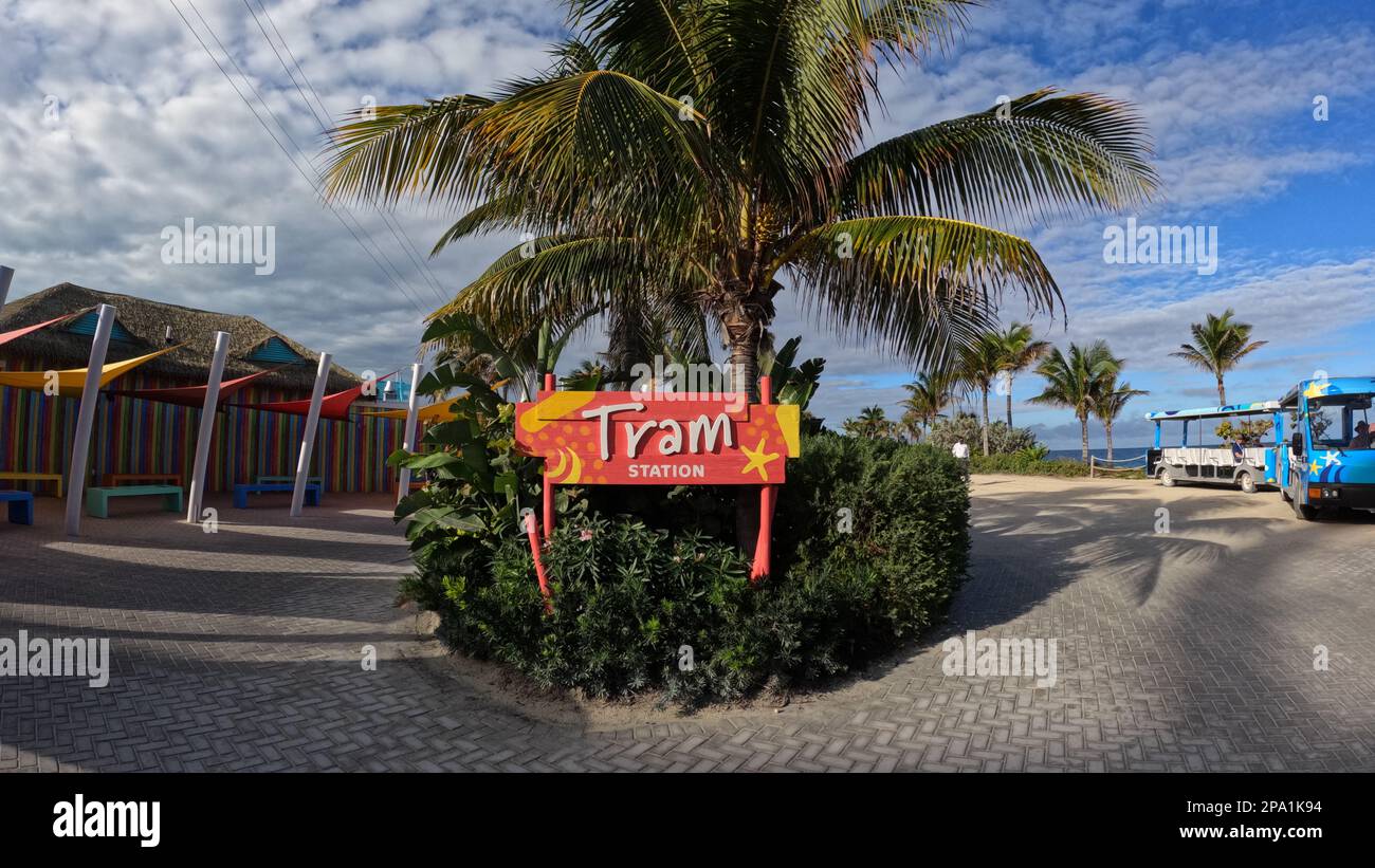 Bahamas - December 7, 2021: The Tram stop sign at Coco Cay which is ...