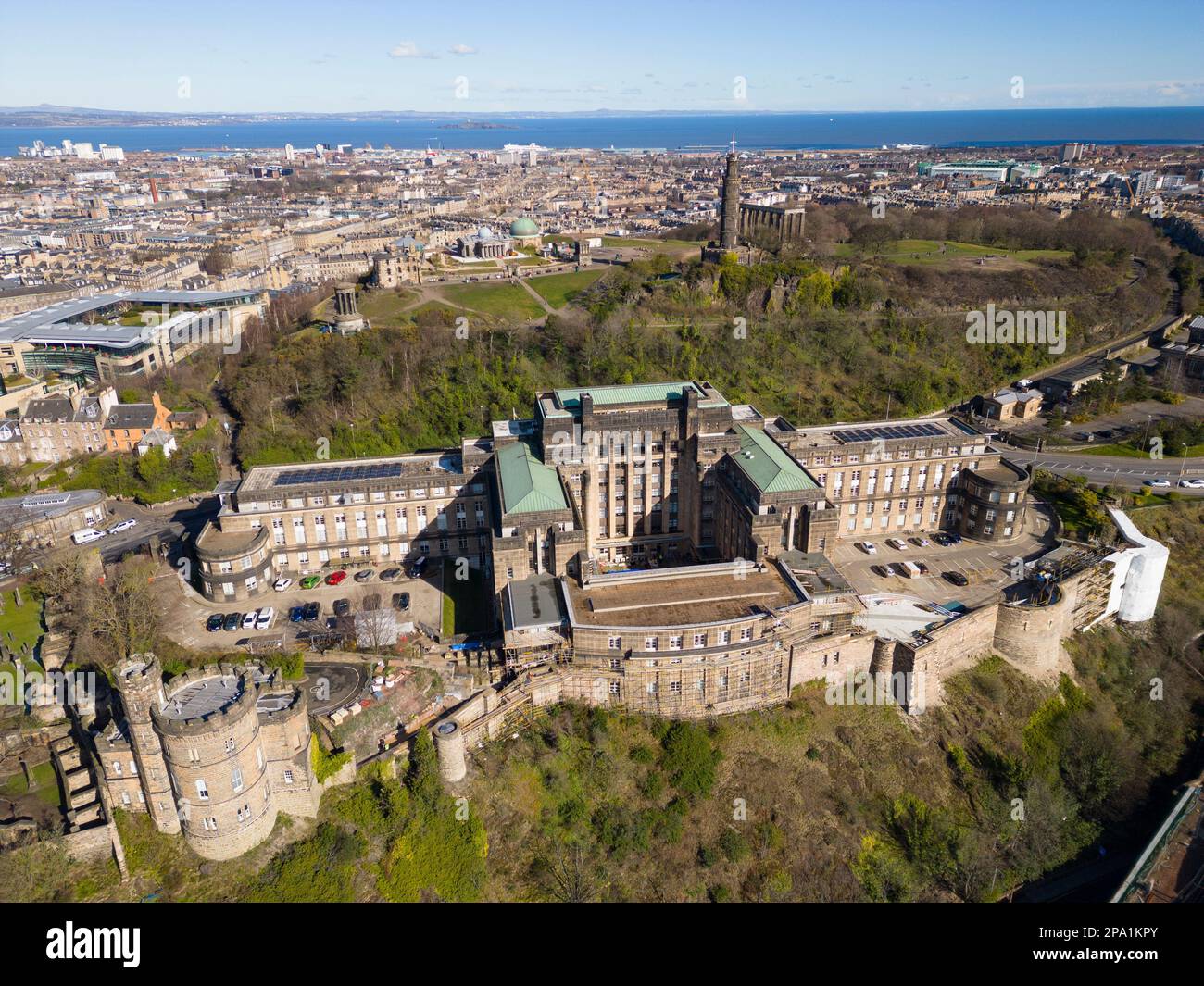 Aerial view of St Andrews House and Calton Hill in Edinburgh from drone ...