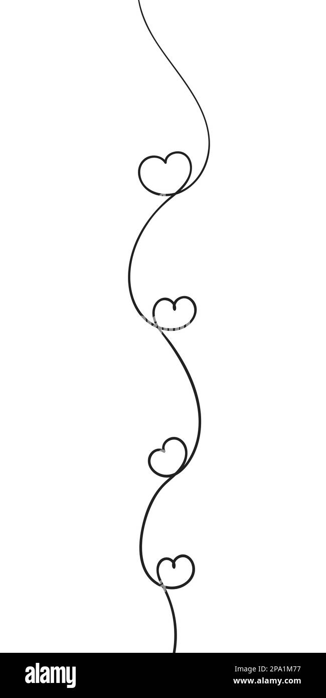 One line drawing of small hearts on vertical wavy line, Hand drawn ...