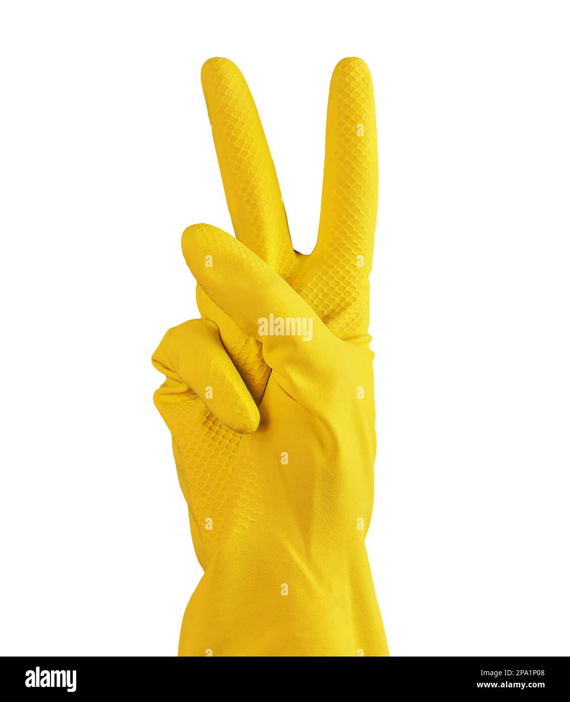 Cleaners hand in yellow glove showing victory sign, V symbol isolated ...