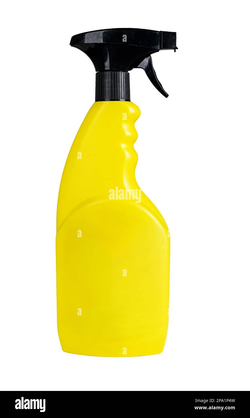 Plastic spray bottle, detergent package of yellow and black colors ...