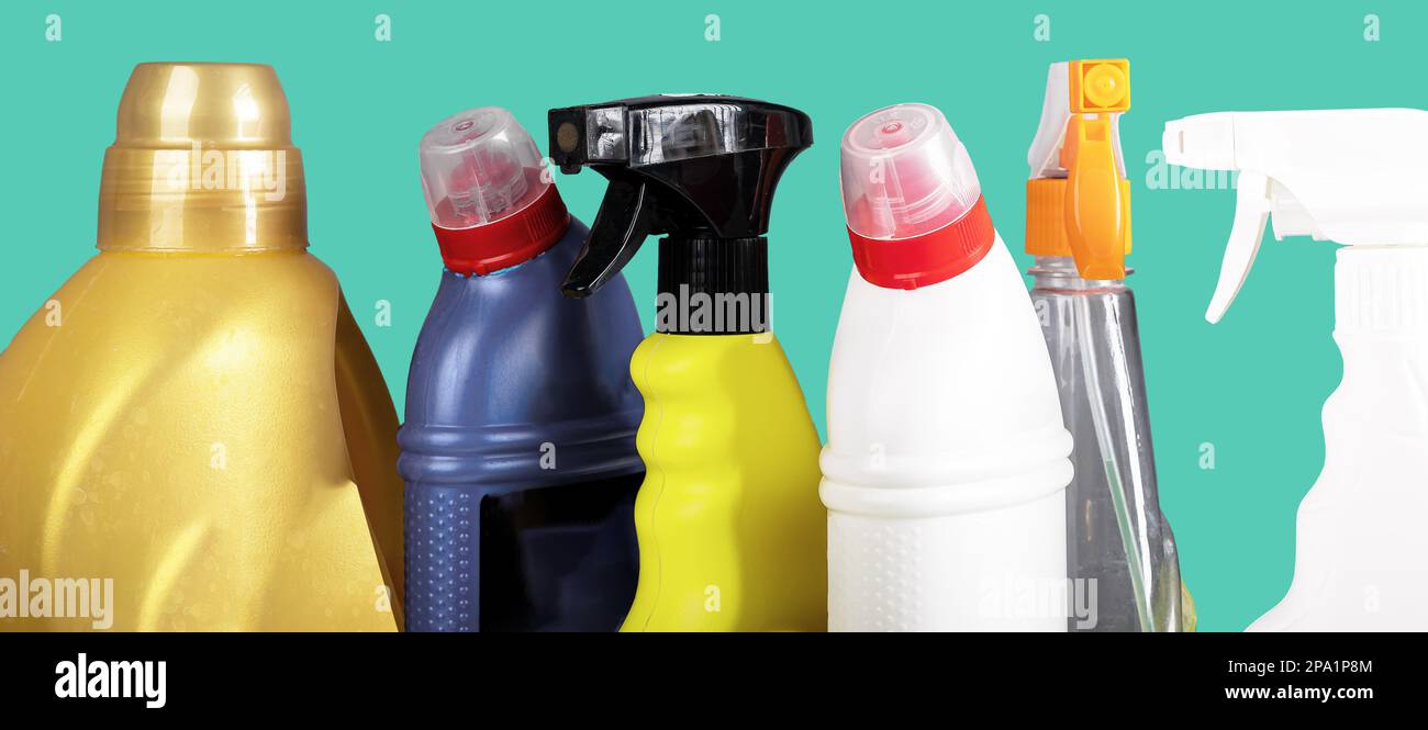 Detergent bottles row, different gels, liquids packages, packs Stock ...