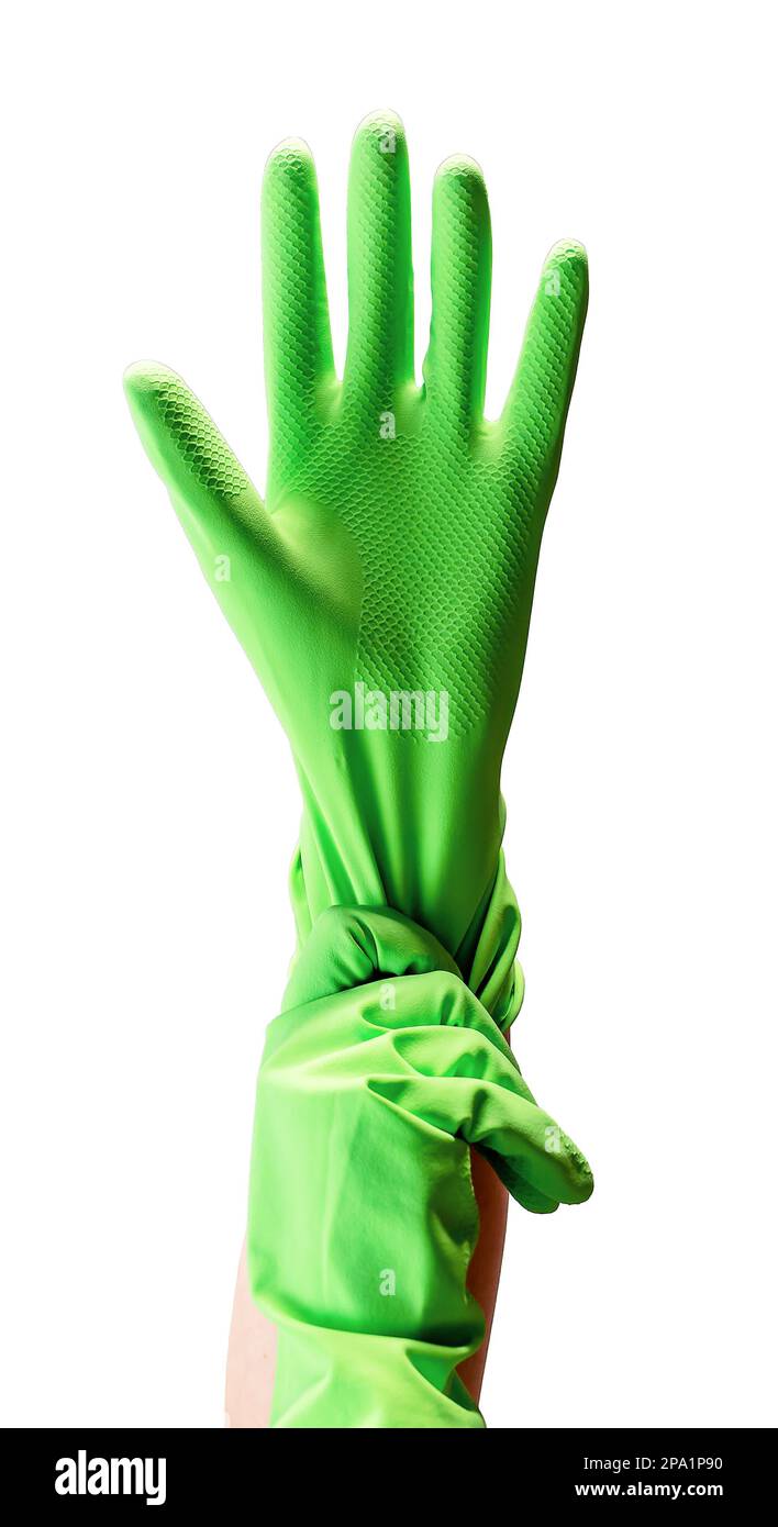 Hand wearing green glove for cleaning, house cleanup isolated on white ...