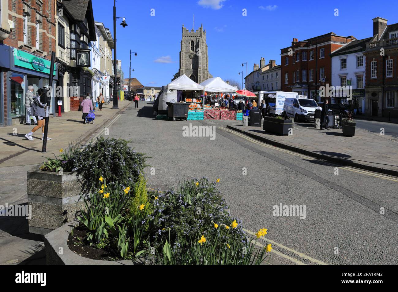The town centre market, Market Hill, Sudbury town; Suffolk, England; UK ...
