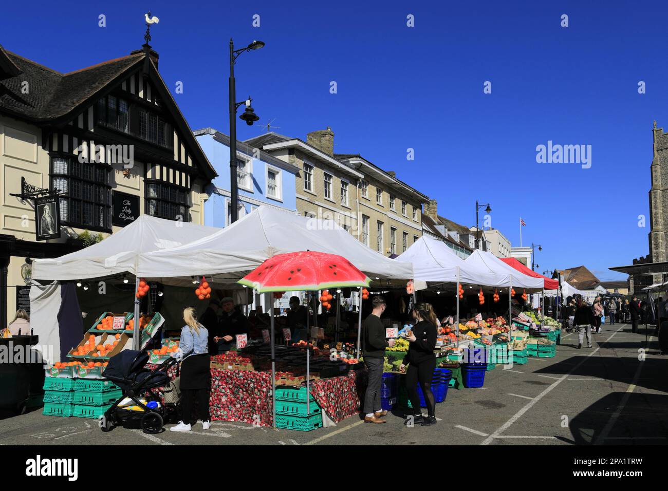The town centre market, Market Hill, Sudbury town; Suffolk, England; UK ...
