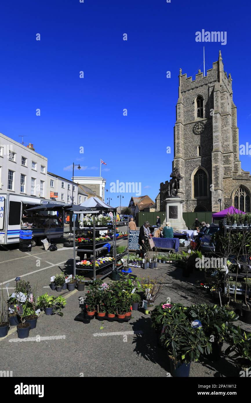 The town centre market, Market Hill, Sudbury town; Suffolk, England; UK ...