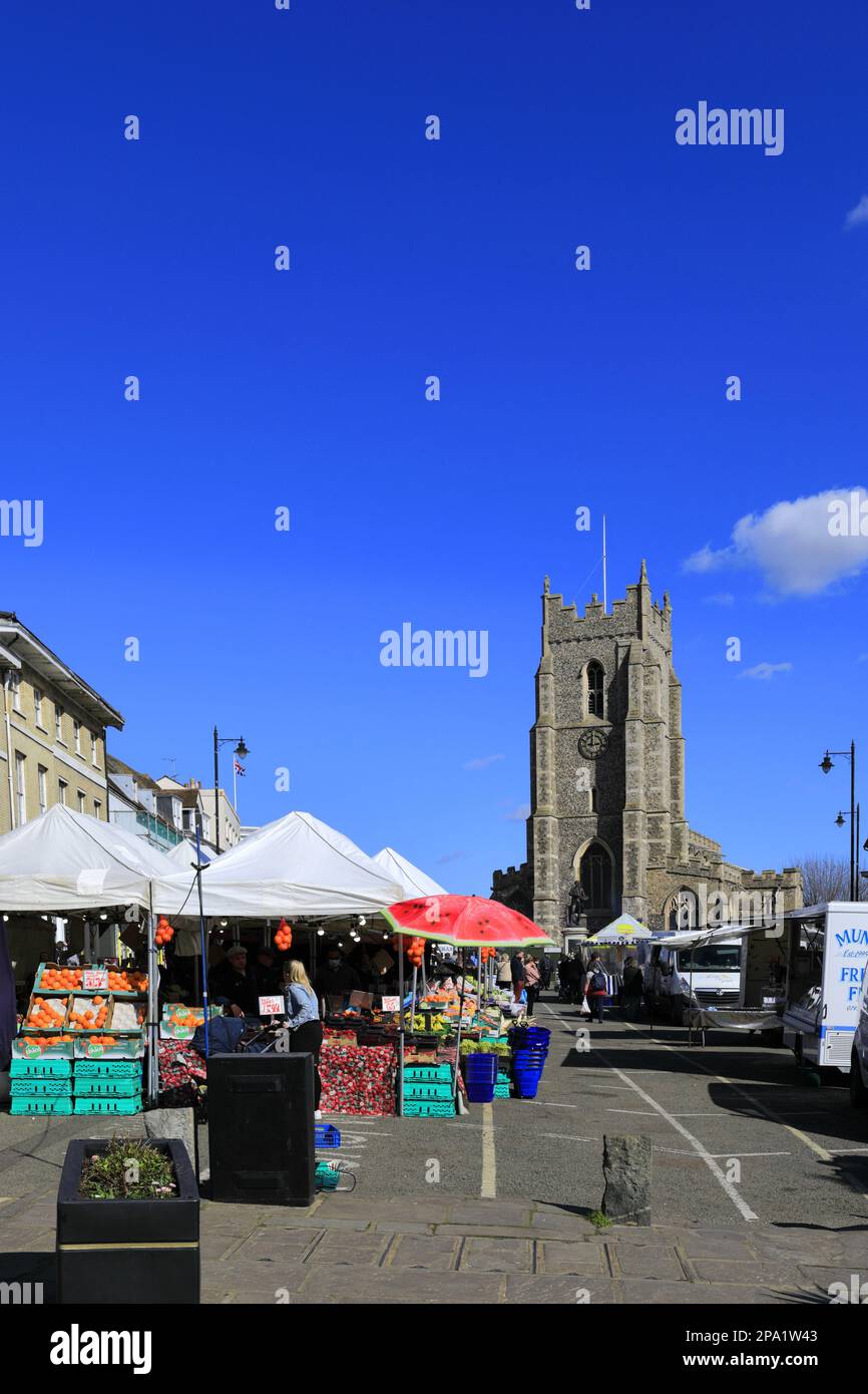 The town centre market, Market Hill, Sudbury town; Suffolk, England; UK ...