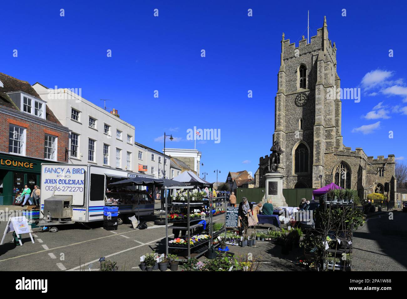 The town centre market, Market Hill, Sudbury town; Suffolk, England; UK ...