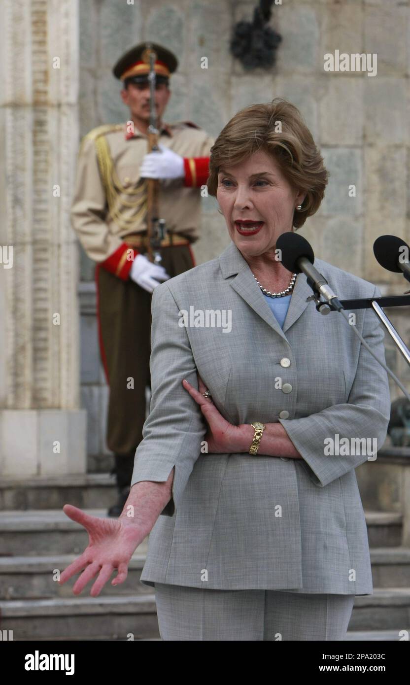U.S. first lady Laura Bush gestures during a joint press conference ...