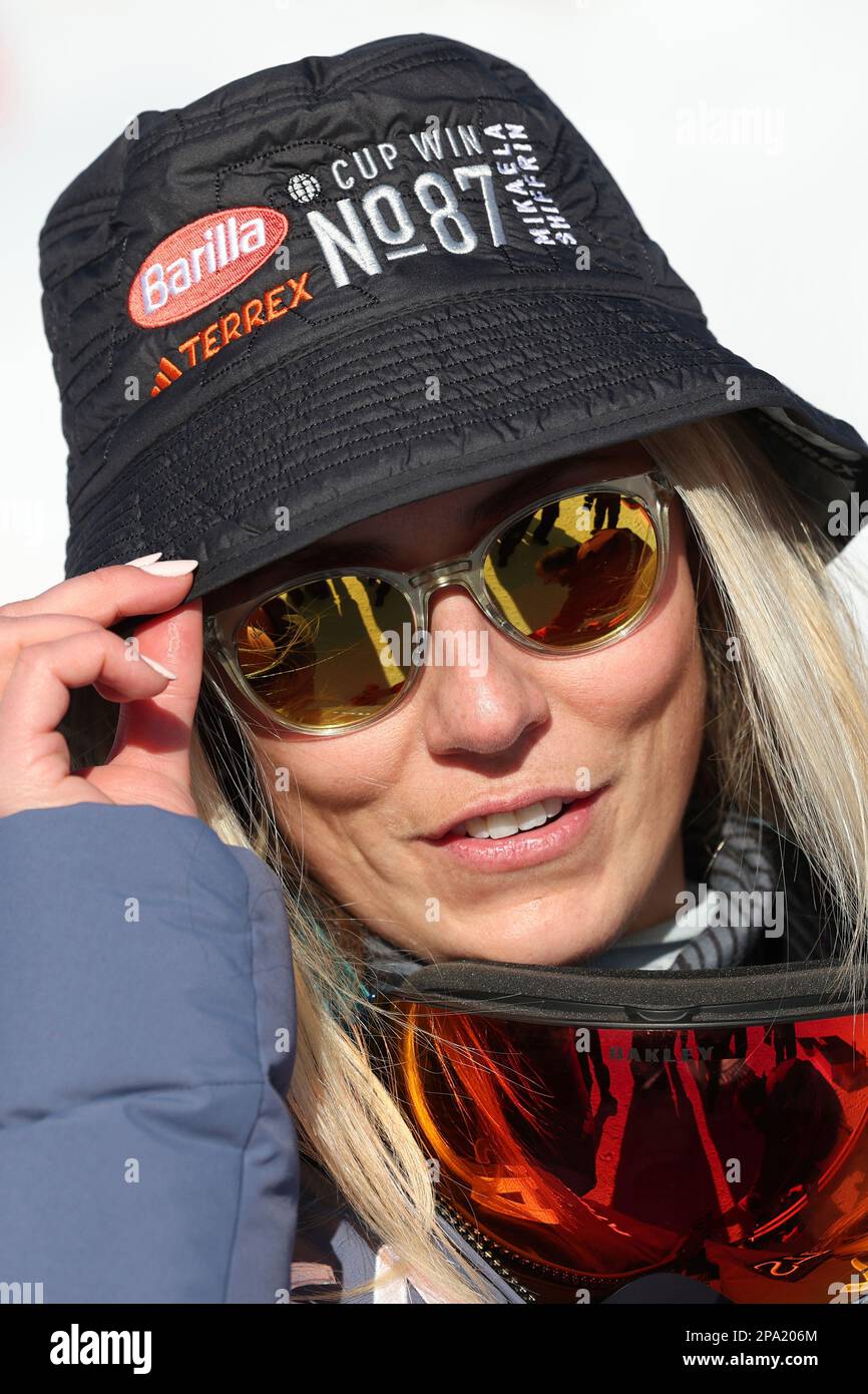 The winner United States' Mikaela Shiffrin wears a hat with n. 87, the ...