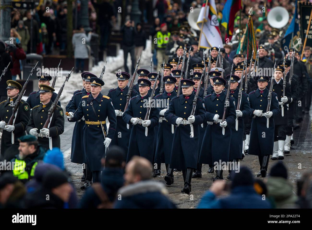 Lithuanian soldiers march during a celebration of Lithuania's ...
