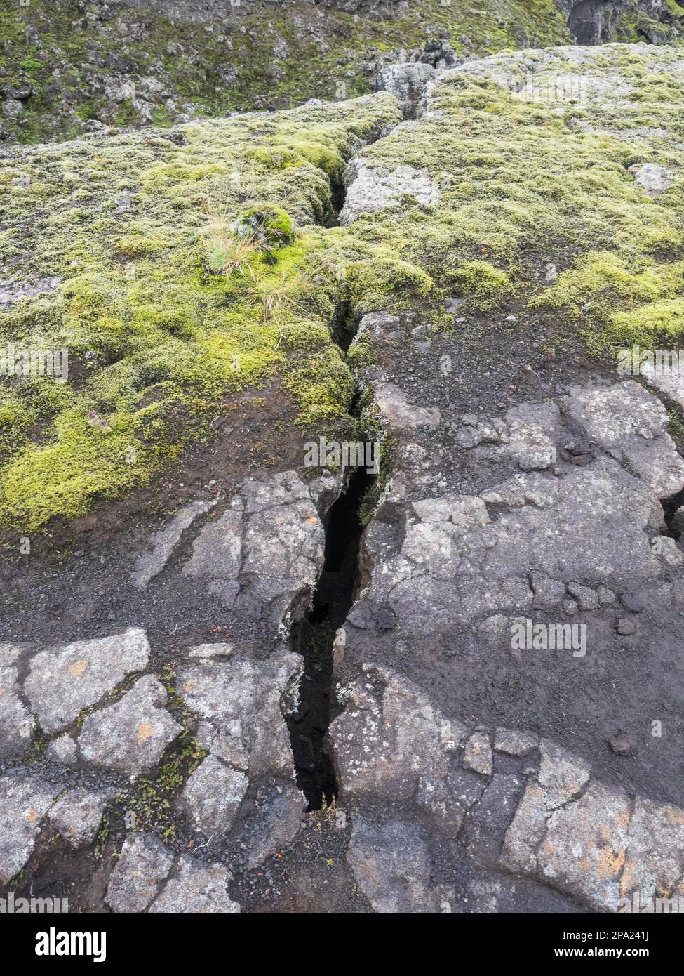 Fissure caused by volcanic eruption, moss-covered volcanic landscape ...