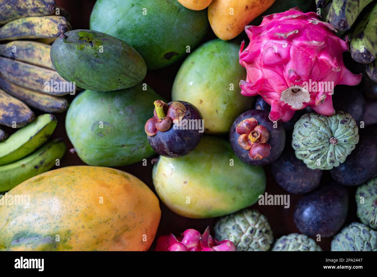 Set of Balinese fruits and vegetables. Banana, dragon fruit, mango ...