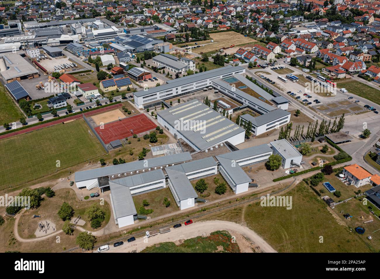 Aerial view of Beilngries Grammar School in the Altmuehltal nature park ...