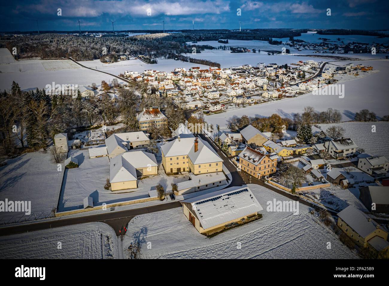 Aerial view of Schoenbrunn near Denkendorf in the Altmuehltal nature ...