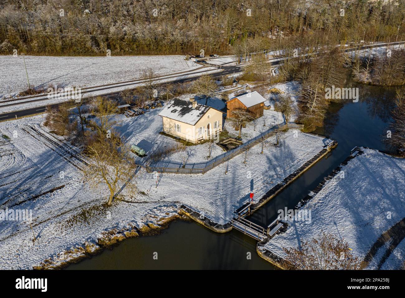 Aerial view of a historic lock on the Ludwig-Danube-Main Canal in the ...