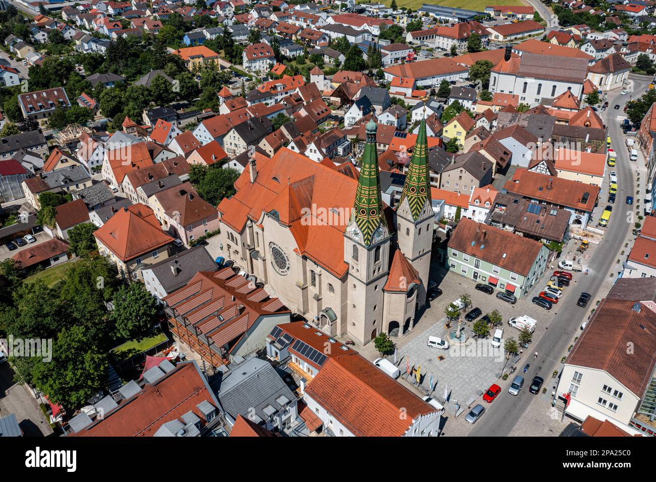 Aerial view of the town parish church of Beilngries in the Altmuehltal ...