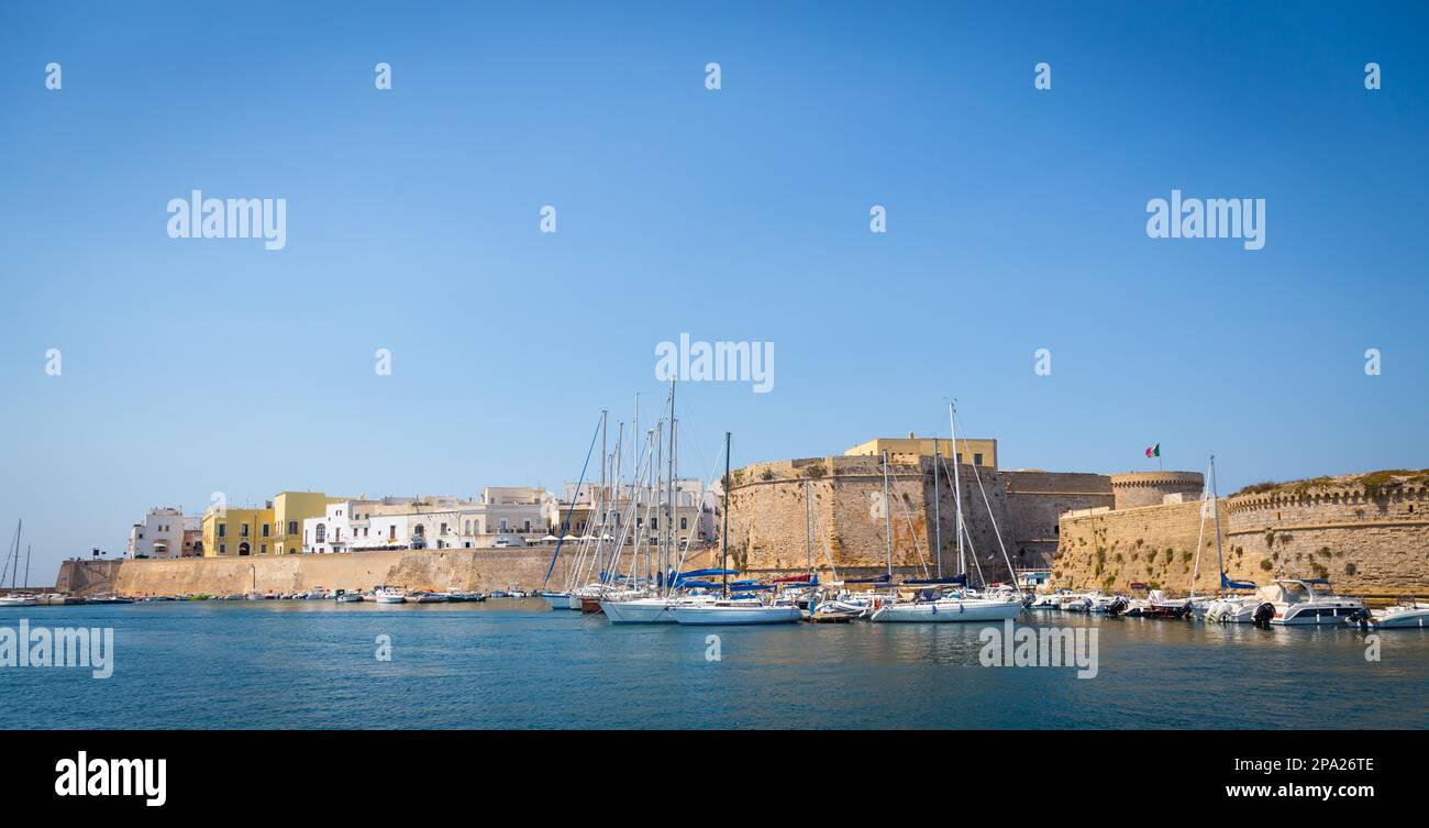 The harbour and the old walls of Gallipoli, Puglia Region - South Italy ...