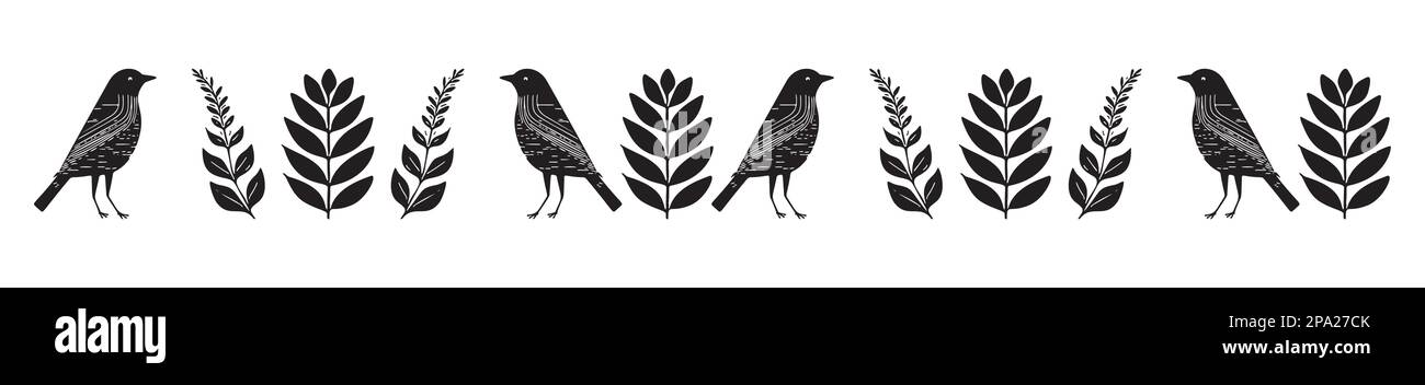 Monochrome bird bordure, edging of wildlife trim for botanical linear ...