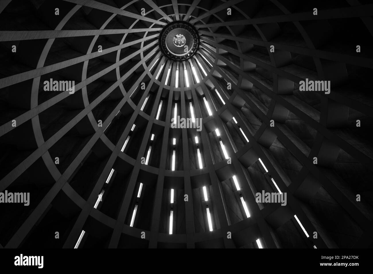 Detail of the ceiling of a modern building. Lines in prespective shaped ...