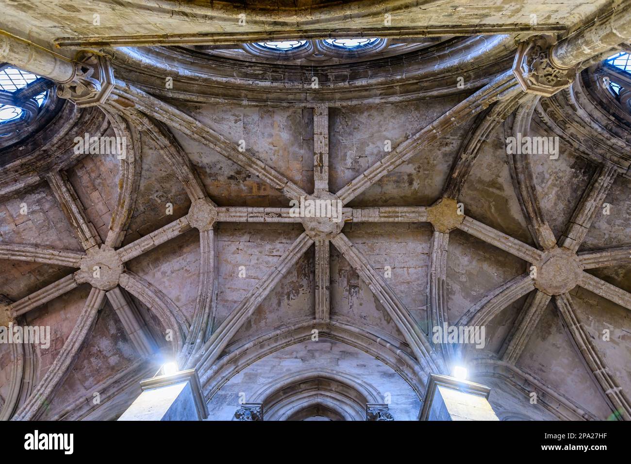Intricacy of the stone ceiling in the Lisbon Cathedral. Columns and ...