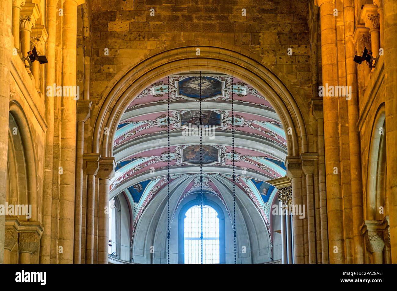 Low-angle view of the ceiling, columns and arches. Architectural ...