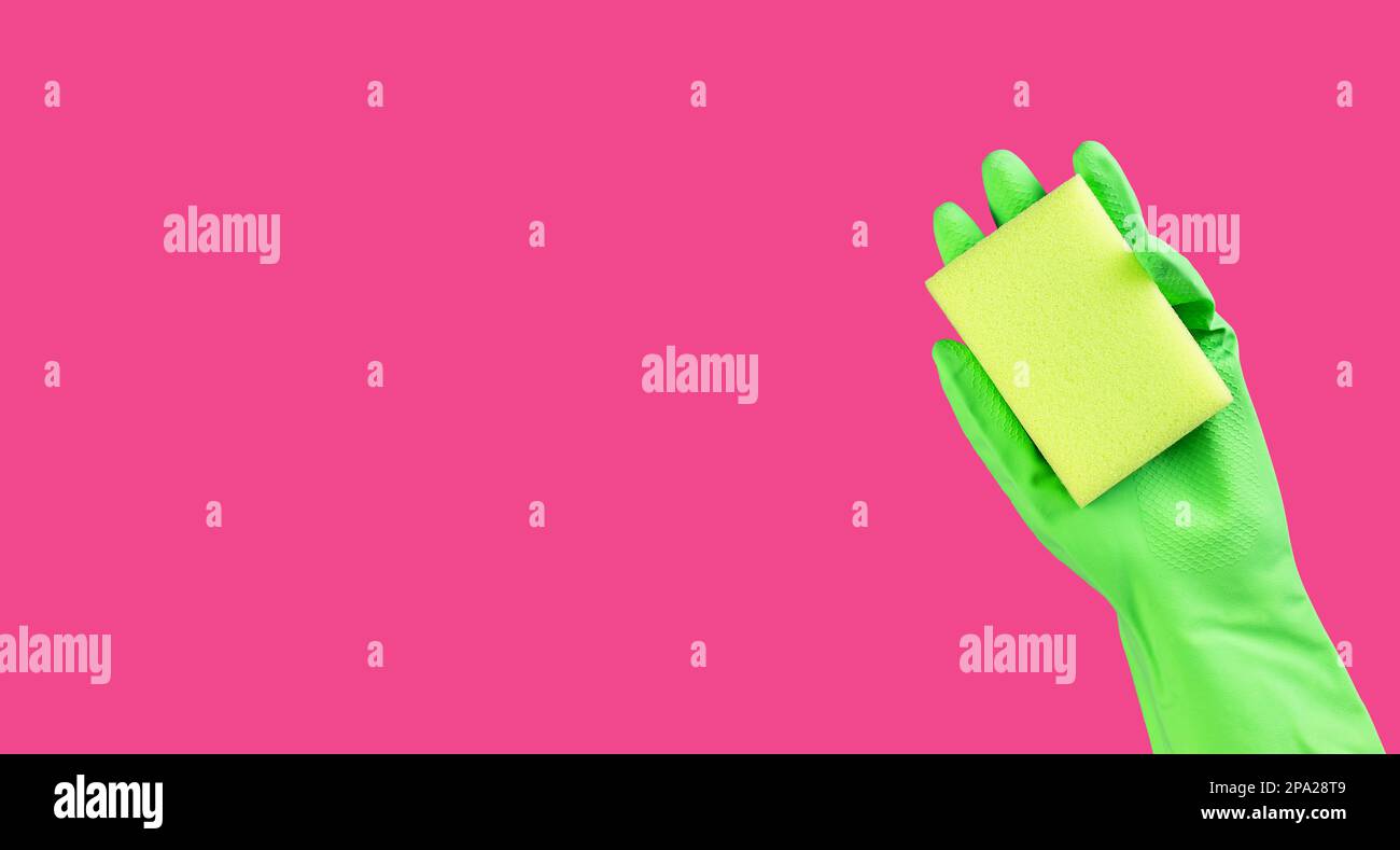 Sponge in hand in green glove on pink ad background, promotion banner ...