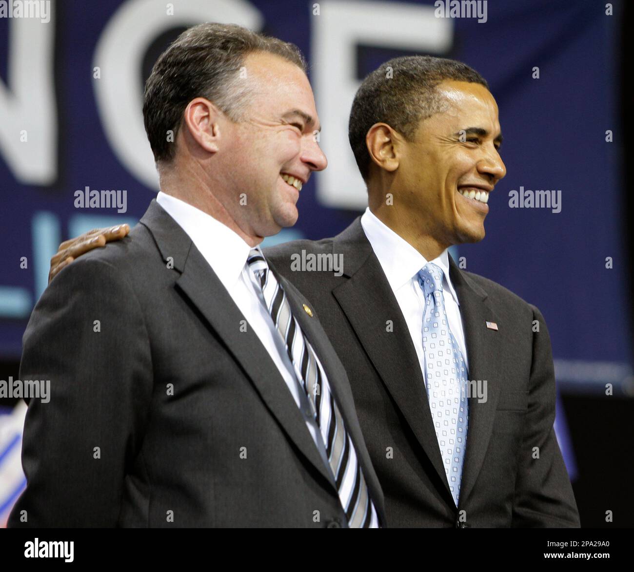 Virginia Gov. Tim Kaine, left, stands on stage with Democratic ...