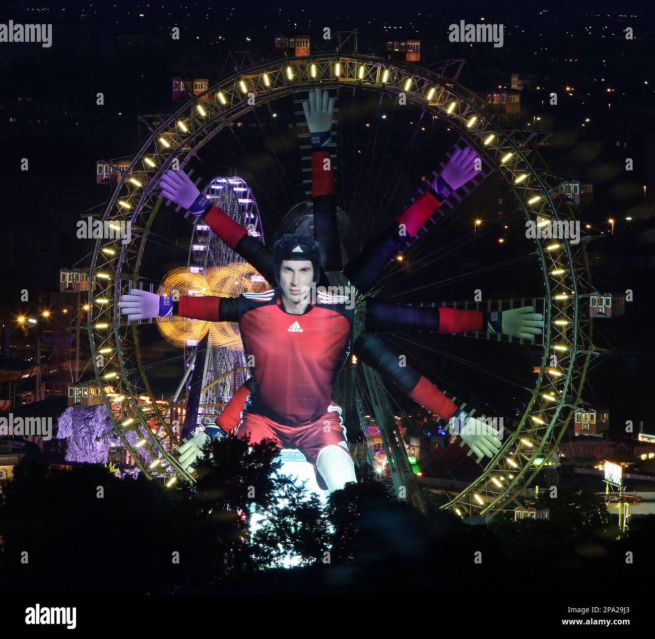 A giant effigy of Czech goalkeeper Petr Cech is seen on the illuminated ...