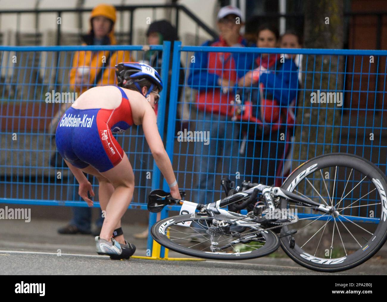 Lauren Goldstein-Kral of the United States recovers from a crash on her ...
