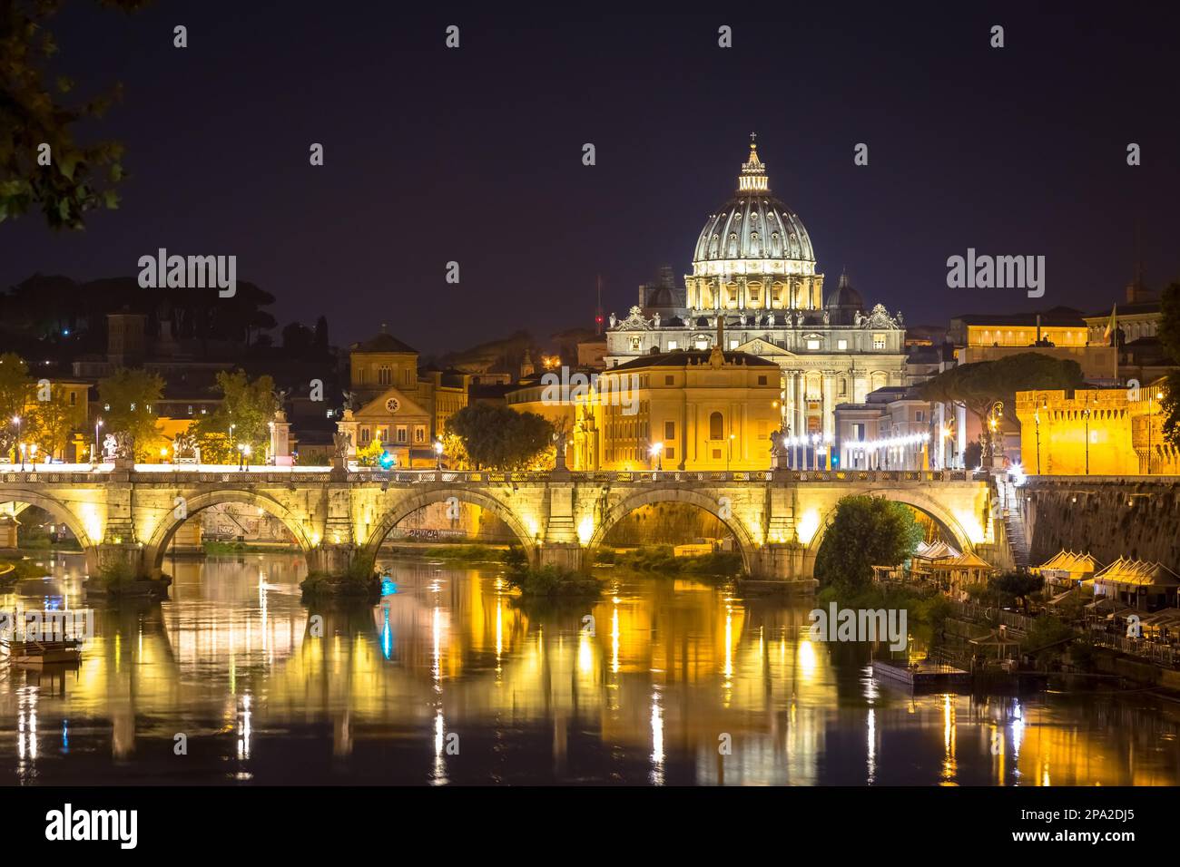 Vatican City, Rome: Saint Peter dome by night and bridge reflection on ...