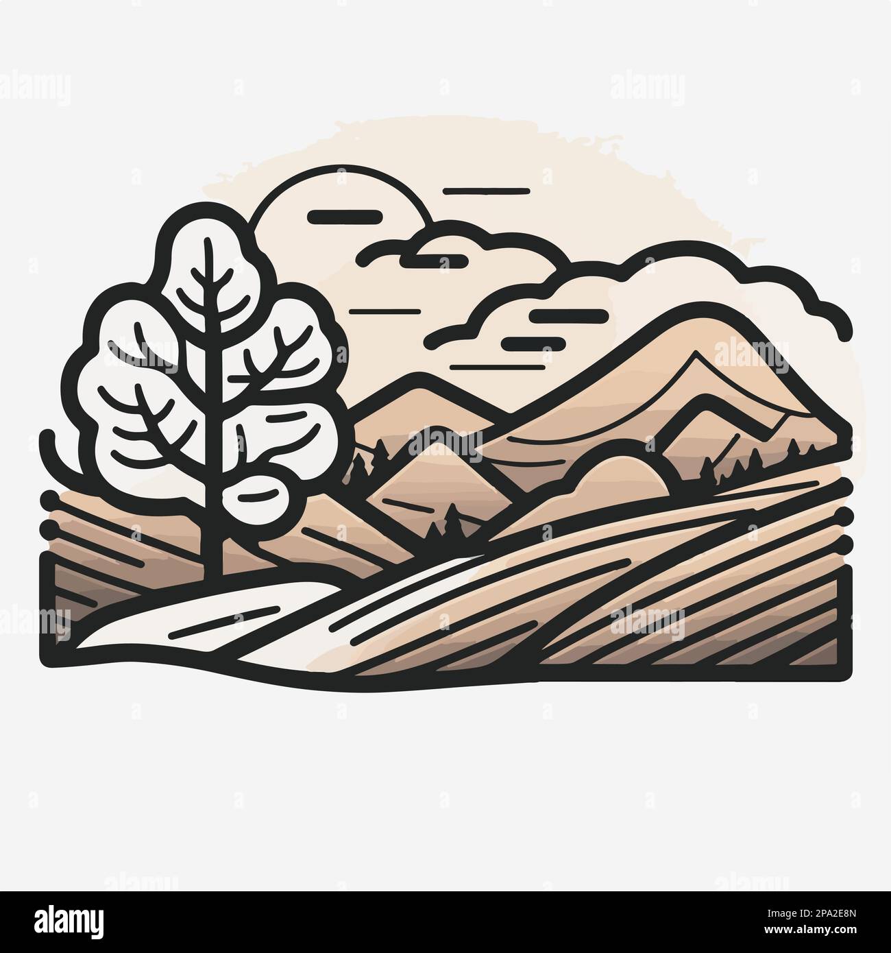 Flat line art landscape Vector illustration on white Background Stock ...