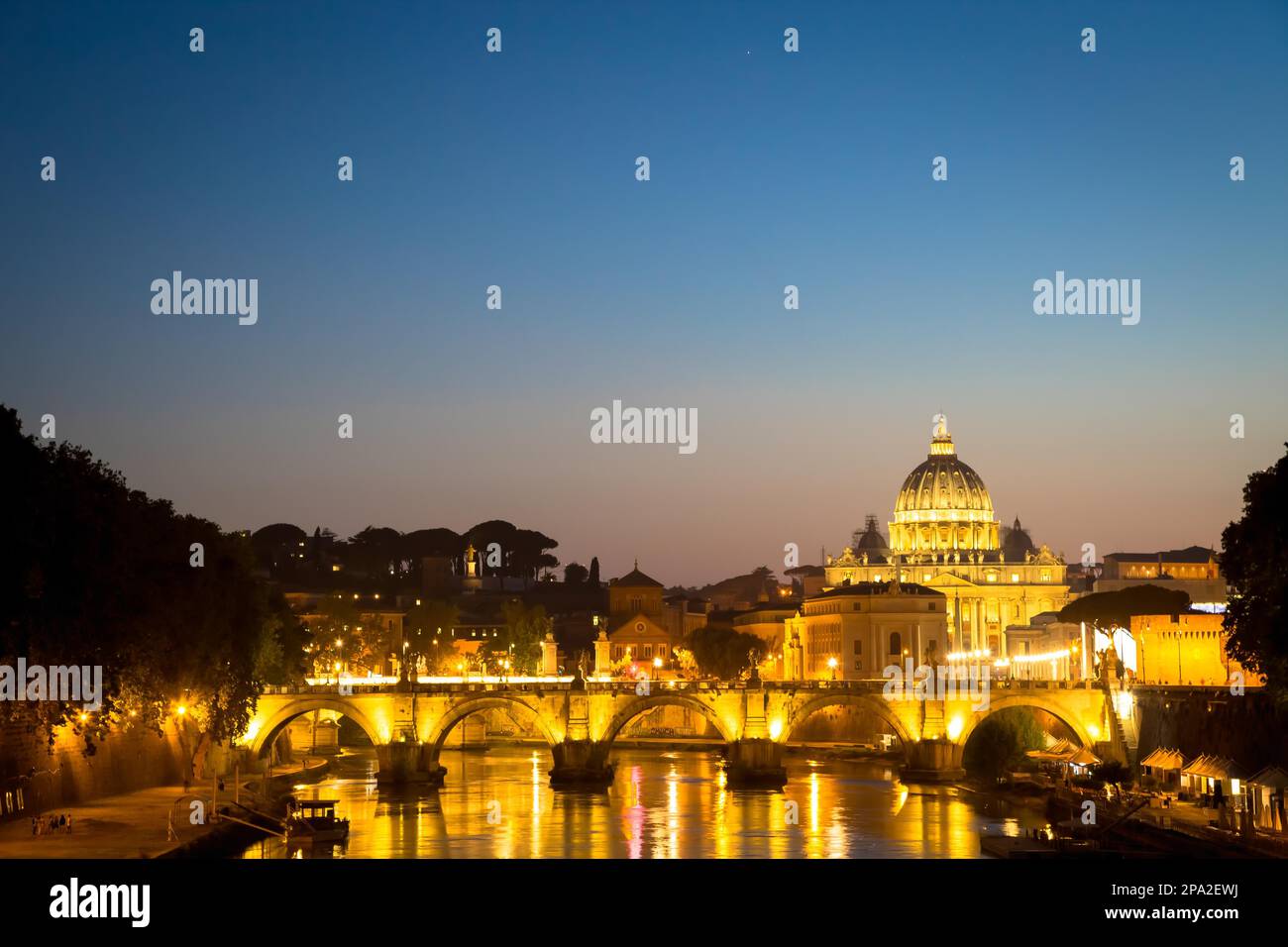 ROME, ITALY - JUNE 2020: sunset panorama on Tiber river bridge with ...