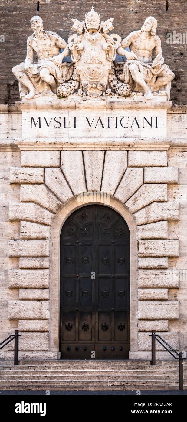 ROME, ITALY - CIRCA SEPTEMBER 2020: the famous Vatican Museum building. Detail of the sign above ...