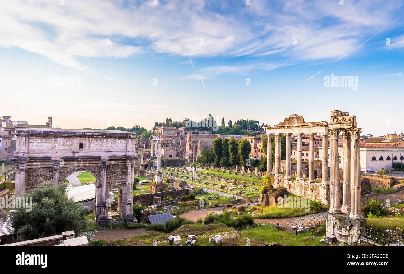 ROME, ITALY - CIRCA AUGUST 2020: sunrise light with blue sky on Roman ...