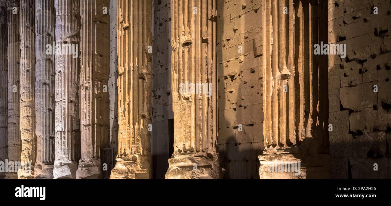 Rome, Italy. Detail of illuminated column architecture of Pantheon by ...