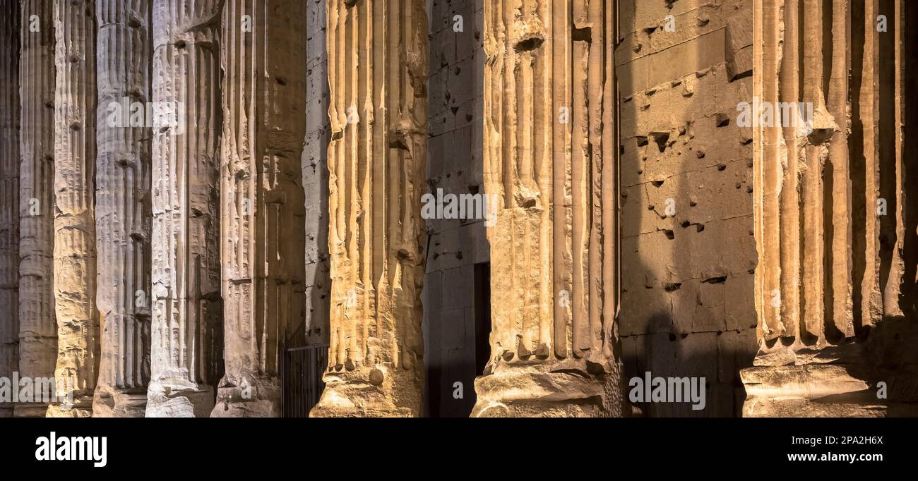 Rome, Italy. Detail of illuminated column architecture of Pantheon by ...