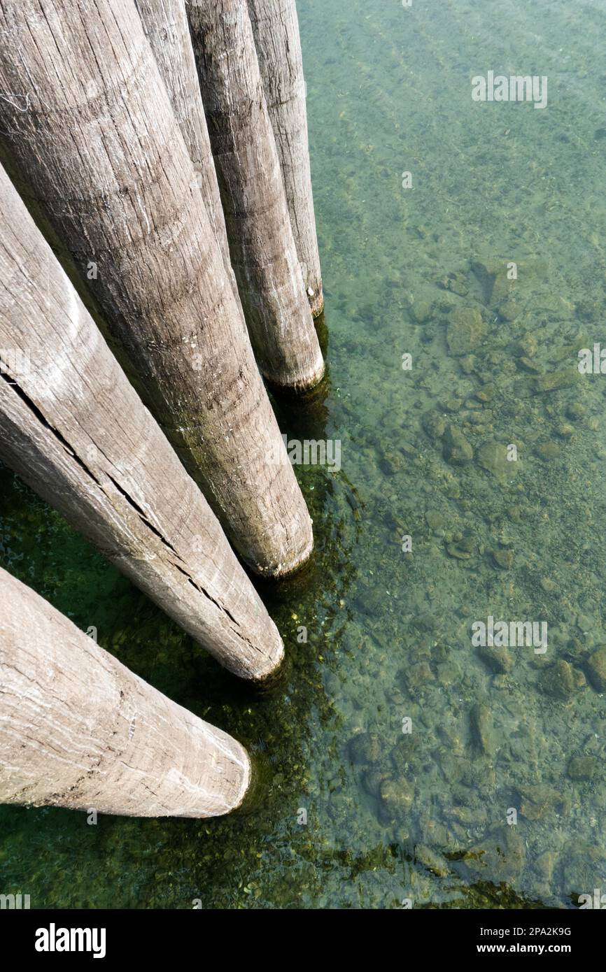 Abstract view of tall thick wooden pylons in a harbor with clear blue ...