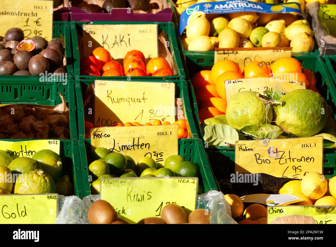 Fruit with price tags at a market stall, Germany Stock Photo - Alamy