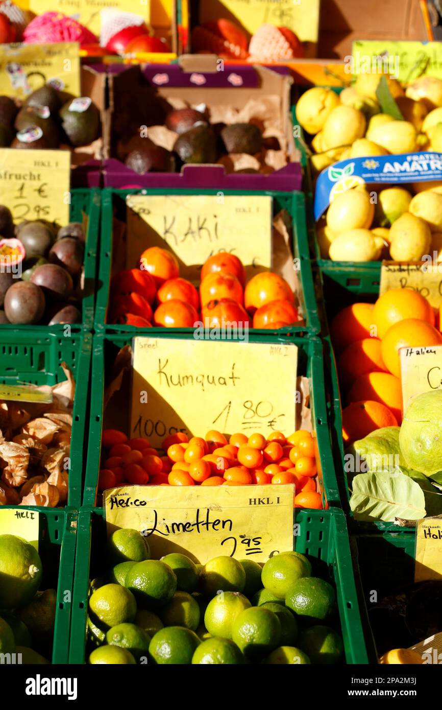 Fruit with price tags at a market stall, Germany Stock Photo - Alamy