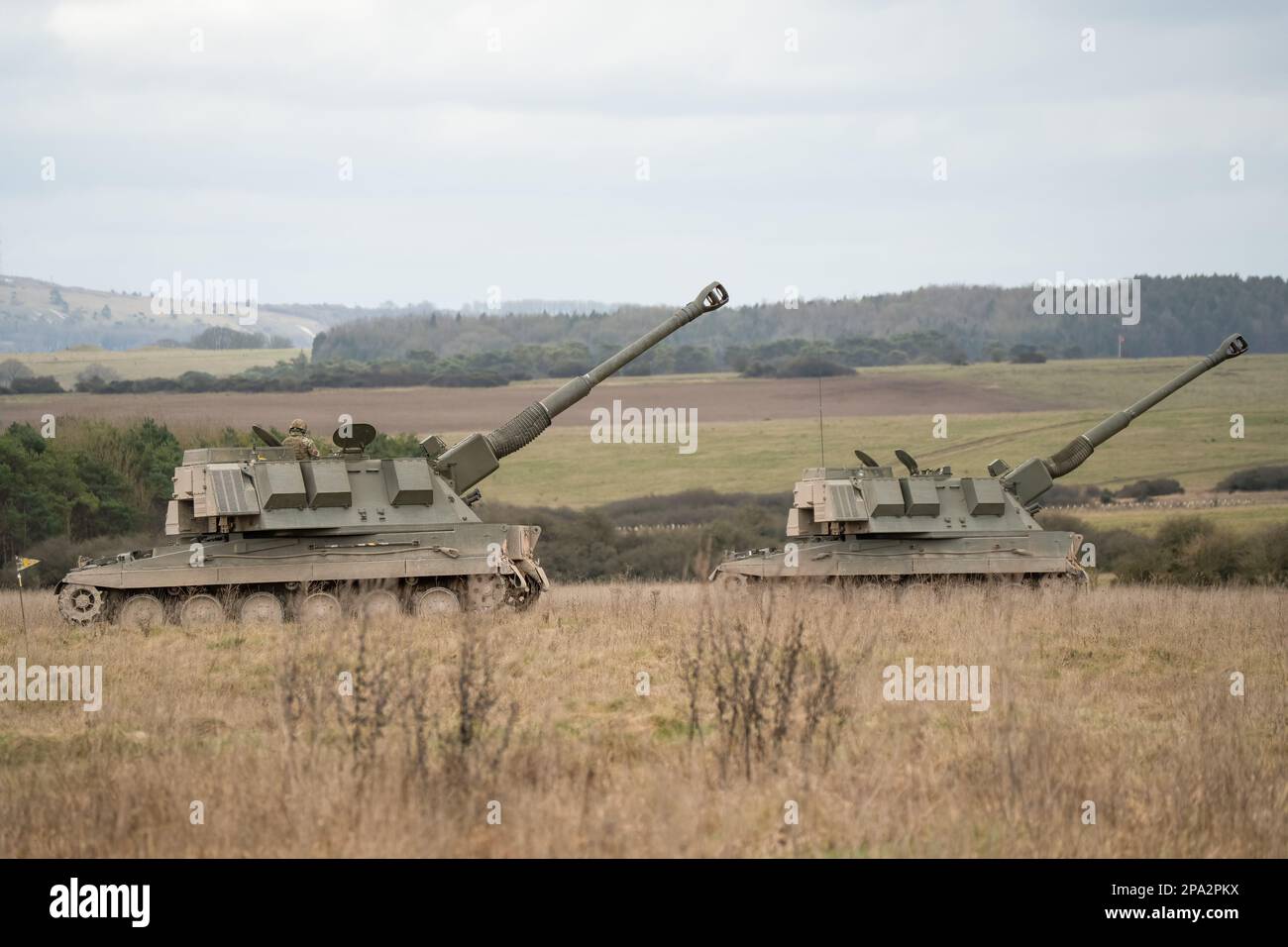 Two British army military AS90 (AS-90 Braveheart Gun Equipment 155mm L131) armoured self ...
